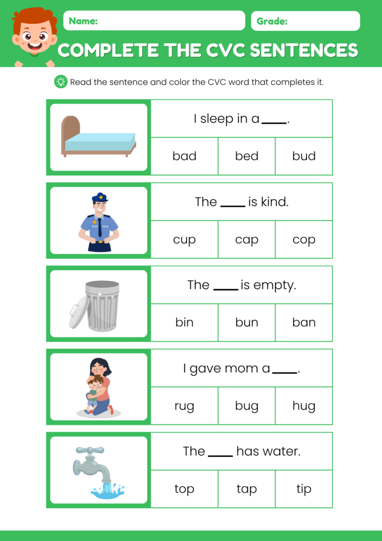 CVC Sentences Worksheets: Free Printables for Early Readers - Gift Ideass